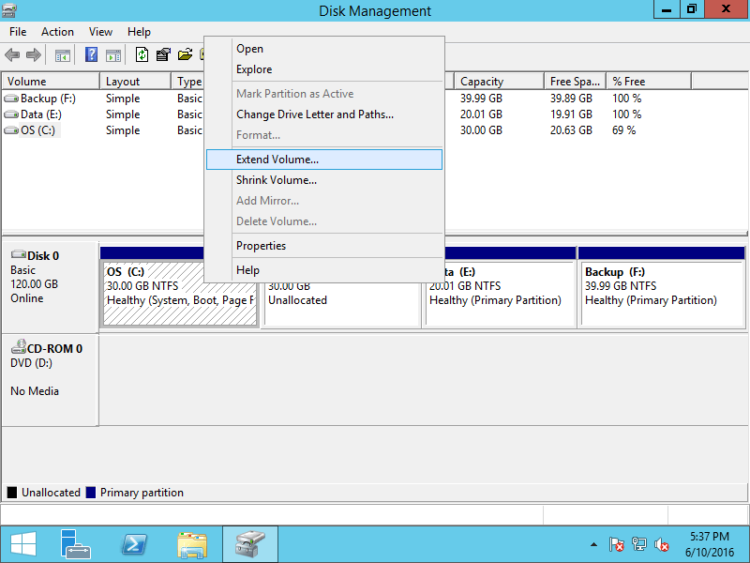 Easy steps to extend C: drive in Windows Server 2012 r2