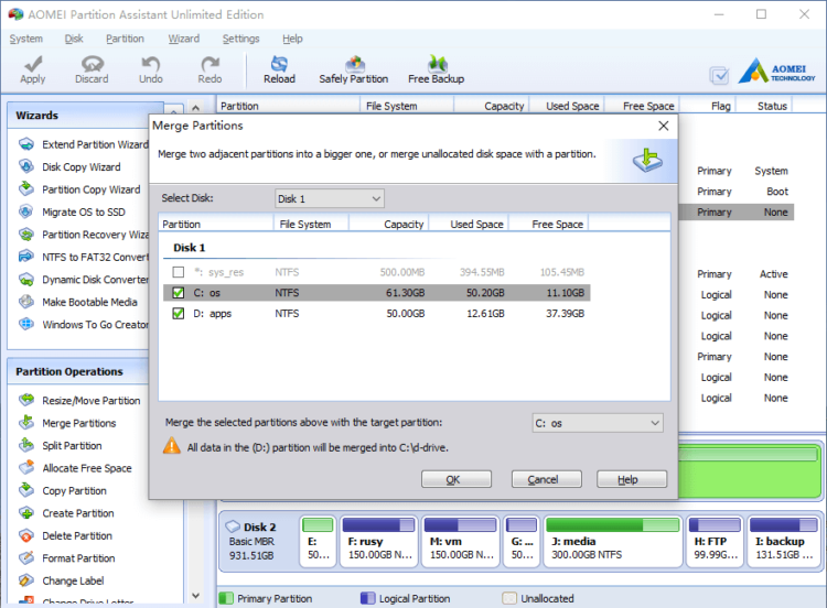 How to merge partitions with partition magic server?