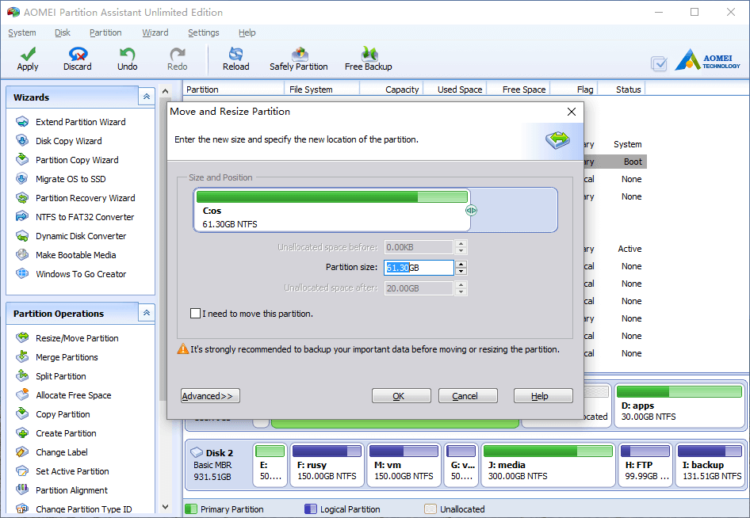 How to resize partition with partition magic server?