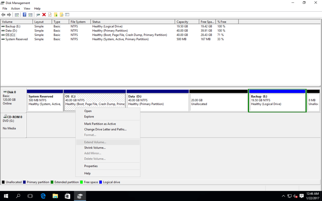 Guide to resize/extend system partition Windows Server 2016.