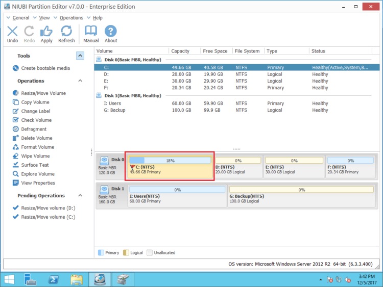Cannot extend C drive in Windows Server 2012 R2 - how to fix