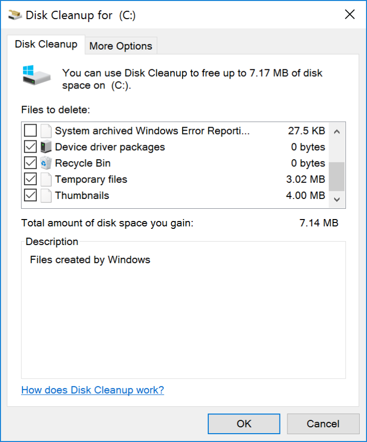 Free up disk space in Windows Server 2016 with Disk Cleanup